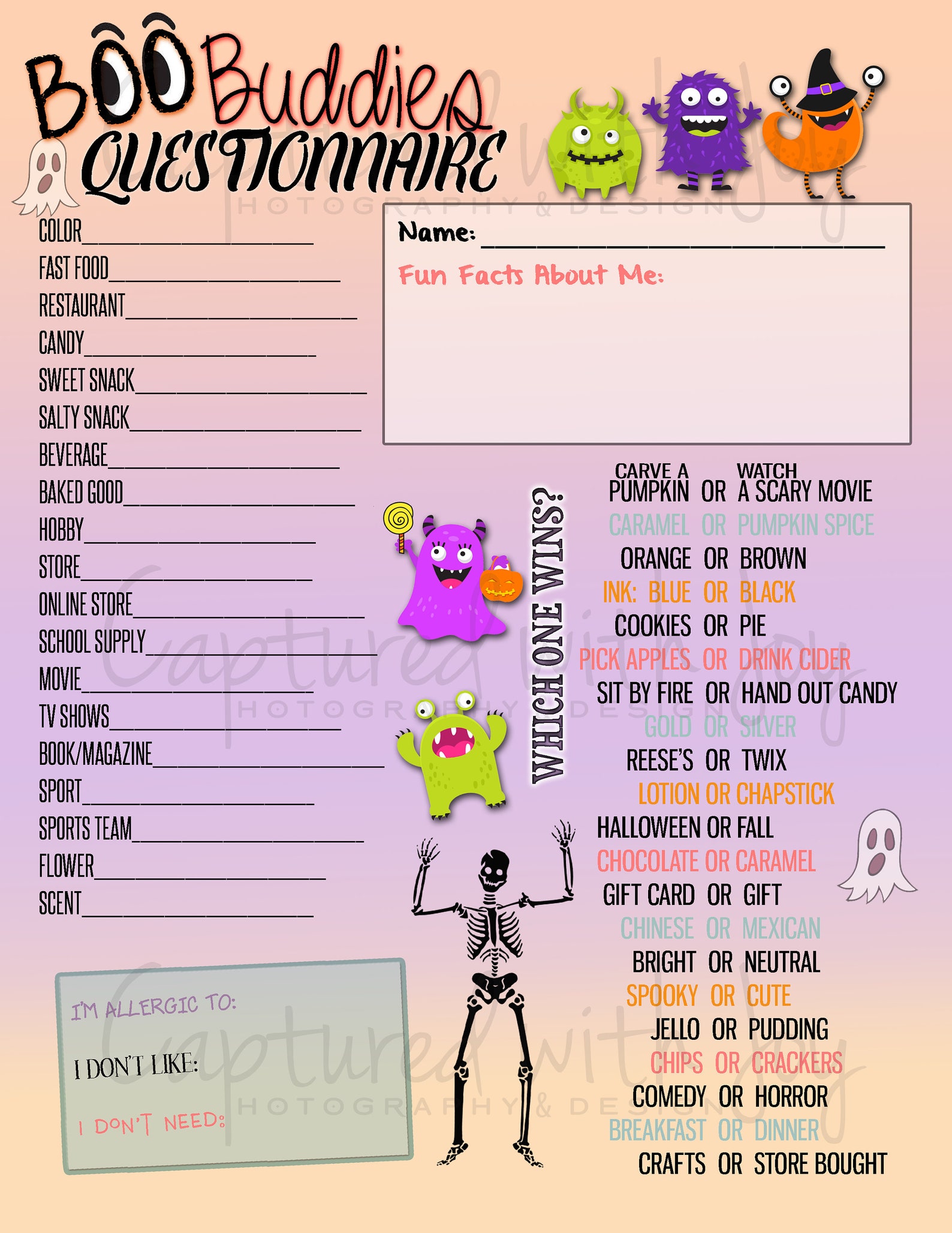 Printable PDF - Boo Buddies Questionnaire 23 -- Halloween Theme Gift ...