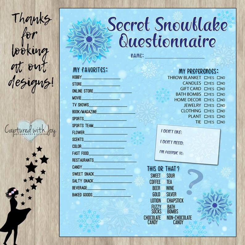 Printable PDF Gift Exchange Questionnaire Secret Snowflake - Etsy