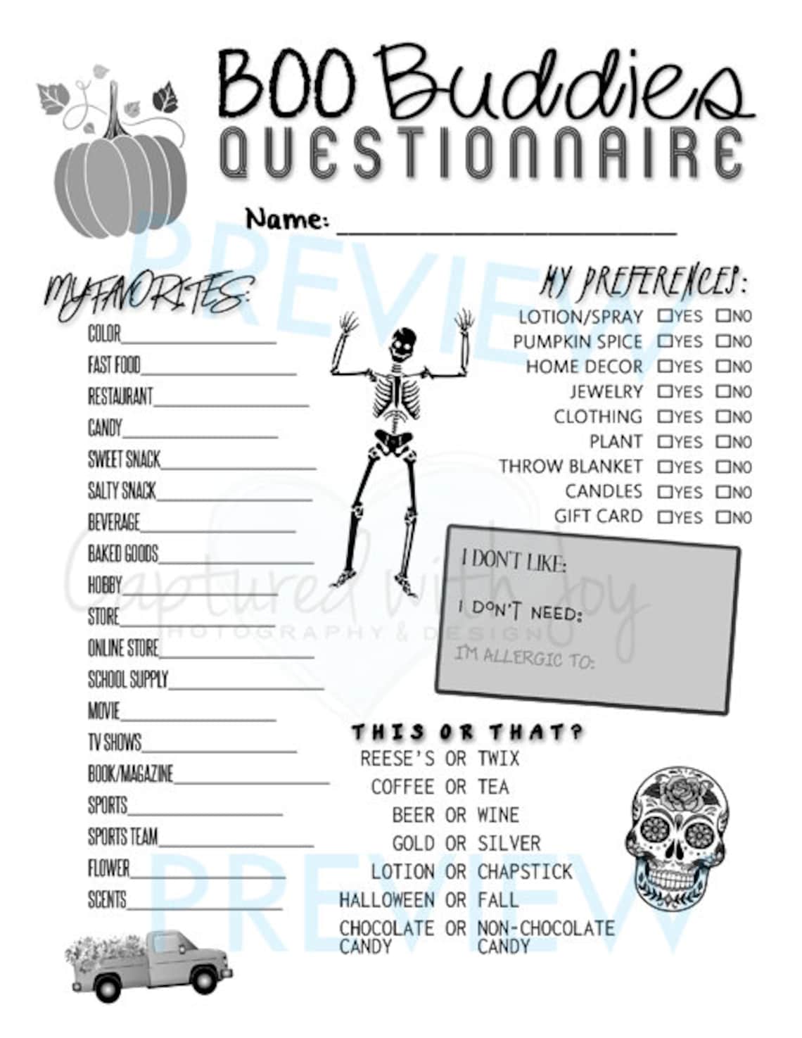 Printable PDF - Boo Buddies Questionnaire for Halloween Theme Gift ...