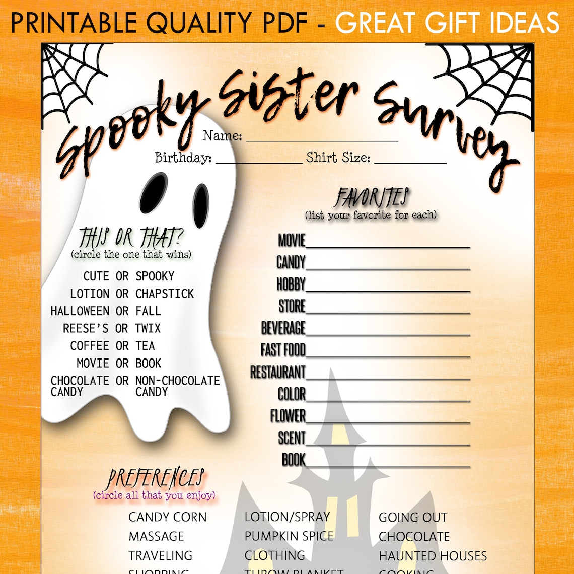 Printable PDF - Spooky Sister Survey - Questionnaire for Halloween ...