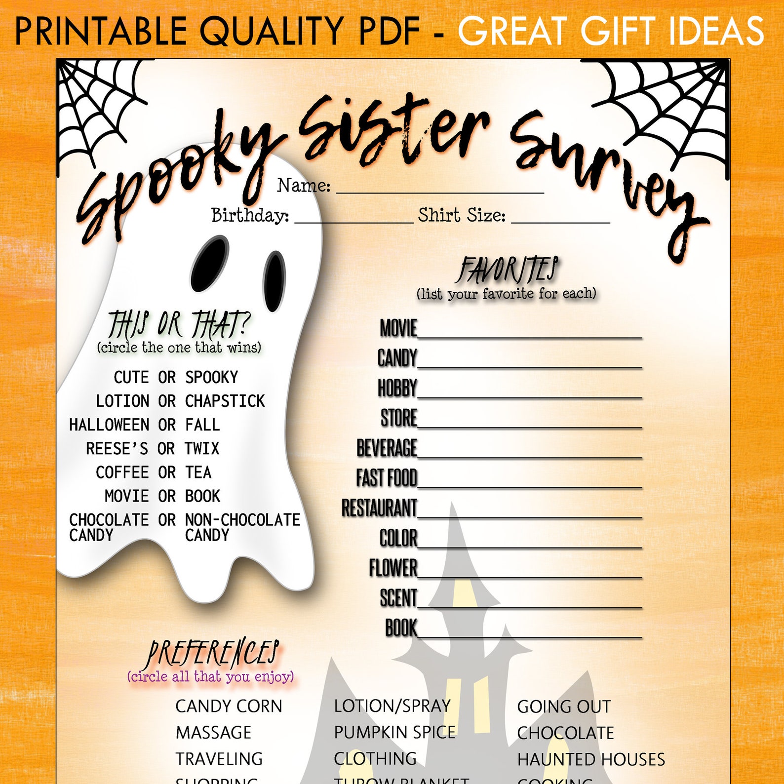 Printable PDF - Spooky Sister Survey - Questionnaire for Halloween ...