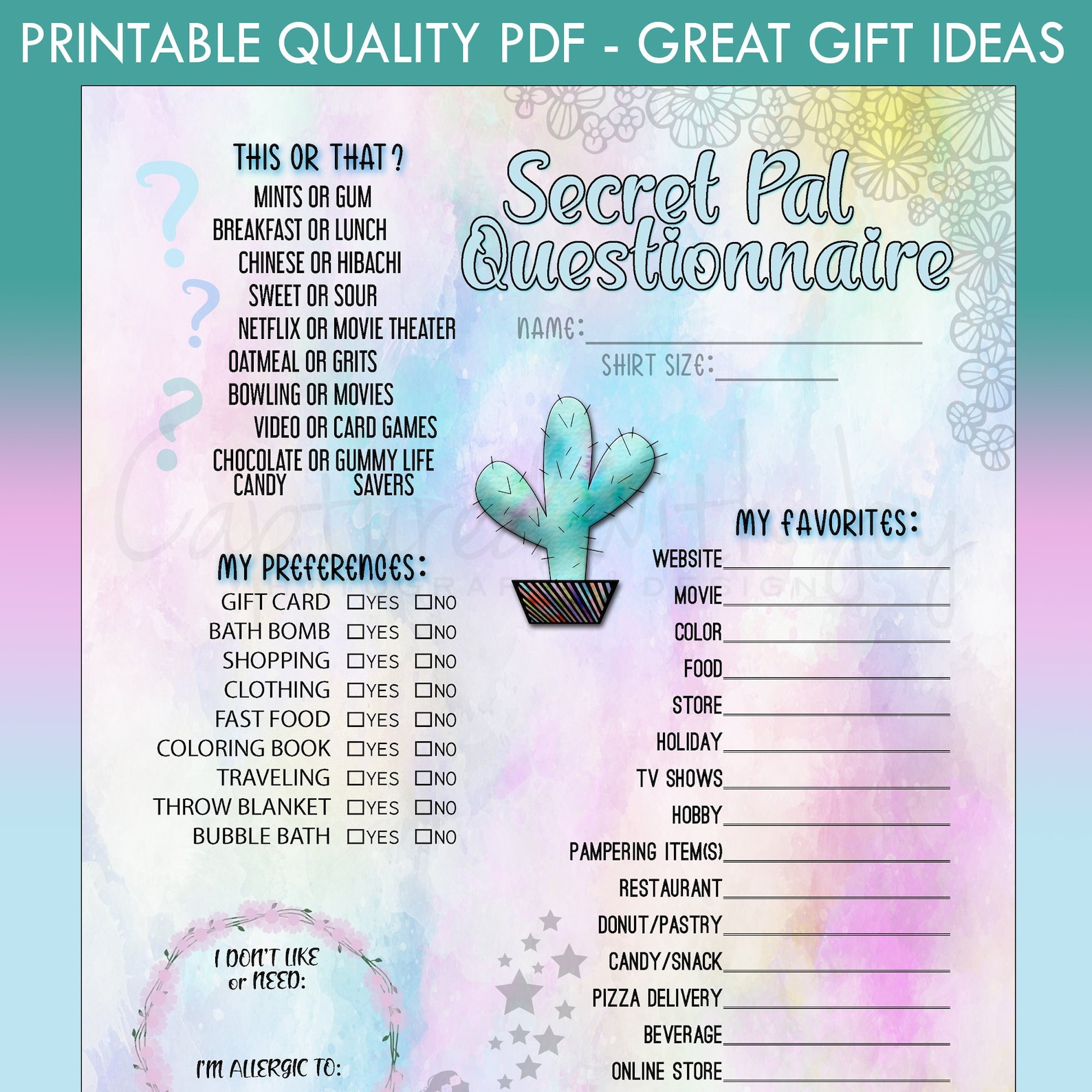 PDF Gift Exchange Questionnaire - Secret Pal - Etsy