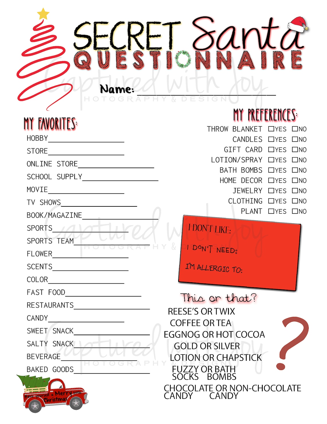 FILLABLE Printable PDF -- Secret Santa Questionnaire for Gift Exchange ...