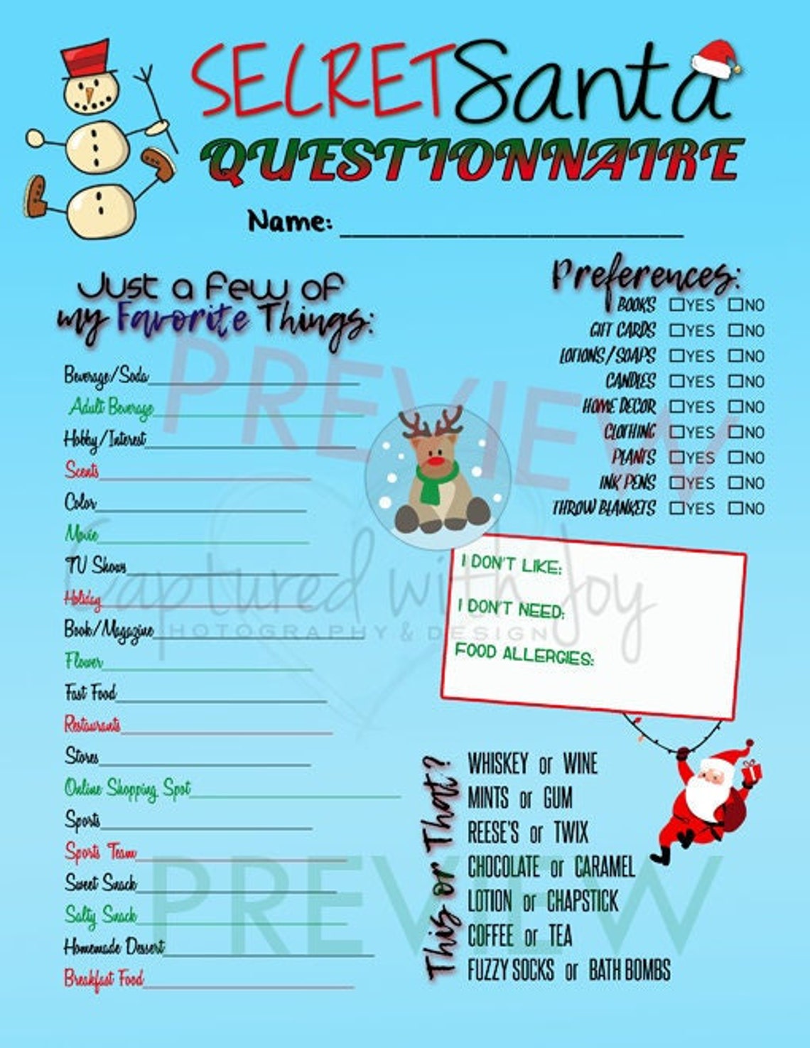 Secret Santa Gift Exchange Questionnaire PRINTABLE PDF FILE - Etsy