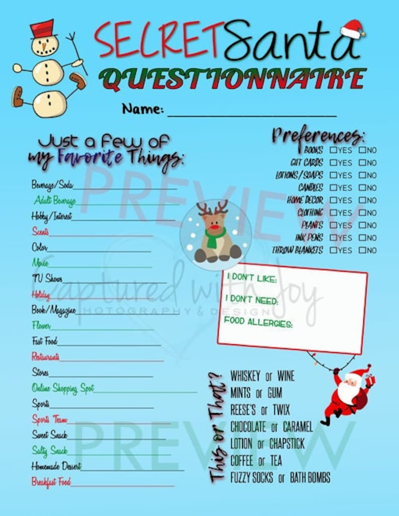 Secret Santa Gift Exchange Questionnaire PRINTABLE PDF FILE - Etsy