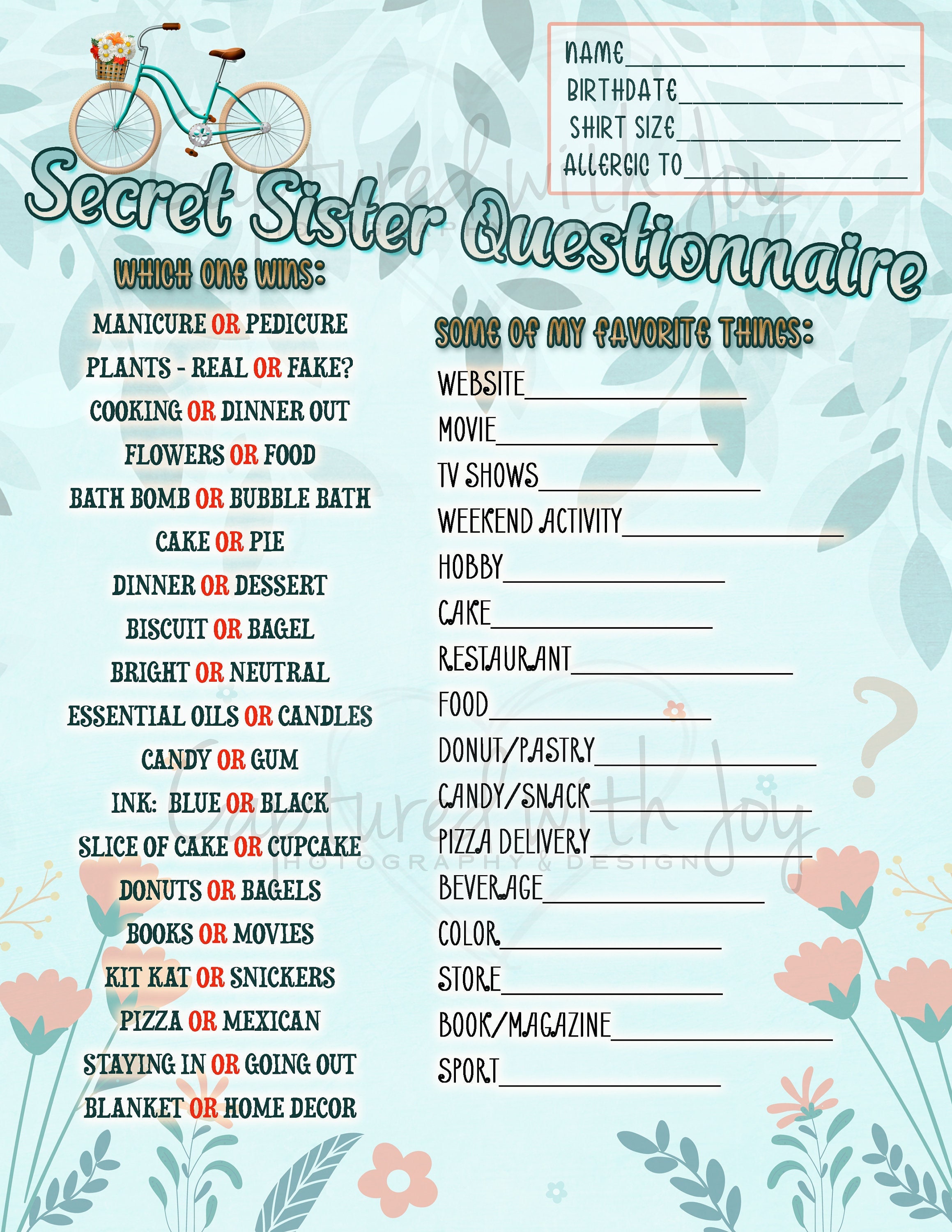 Printable PDF Secret SISTER Questionnaire (work or Personal) #2 - Etsy