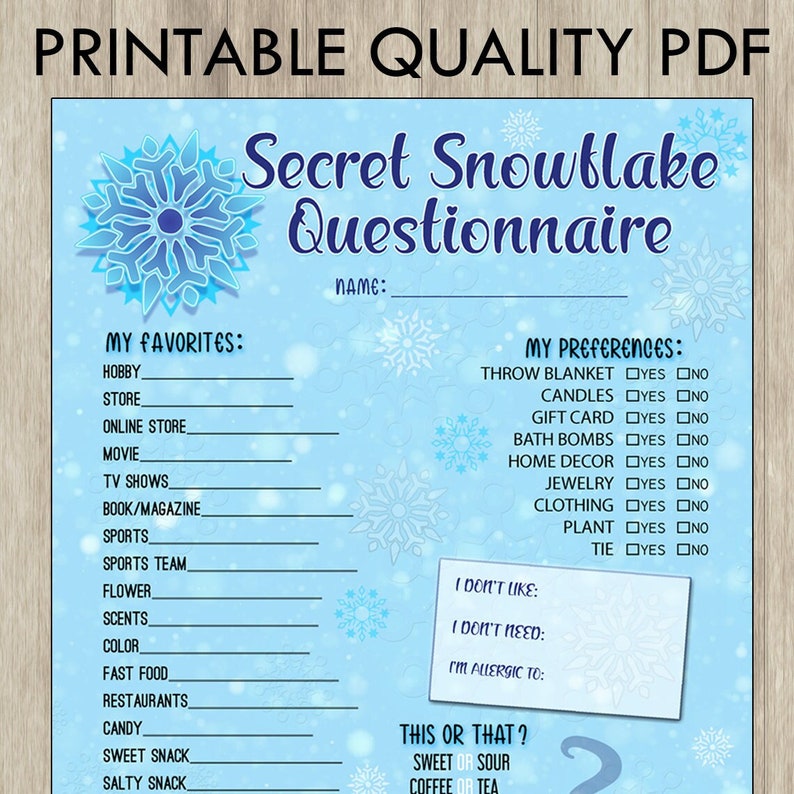 Printable PDF Gift Exchange Questionnaire Secret Snowflake - Etsy