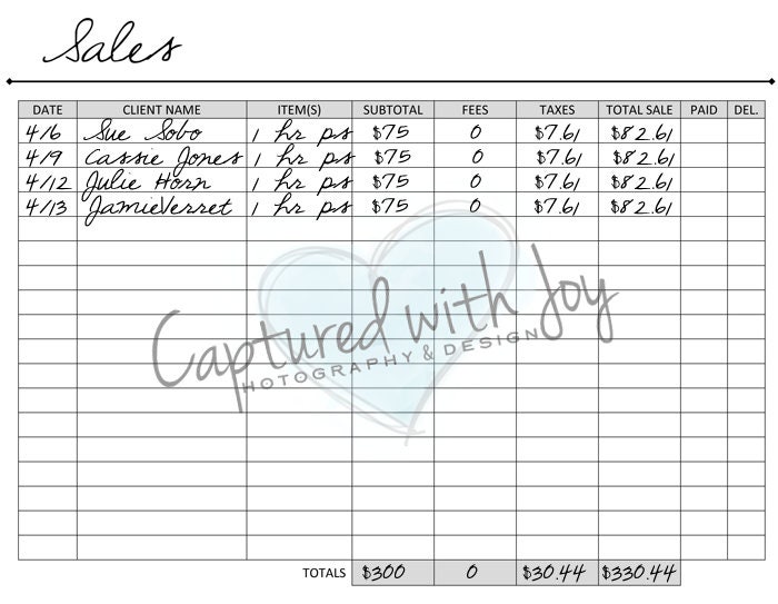 Sales Log - Personal or Business - Printable - INSTANT PDF DOWNLOAD - Etsy