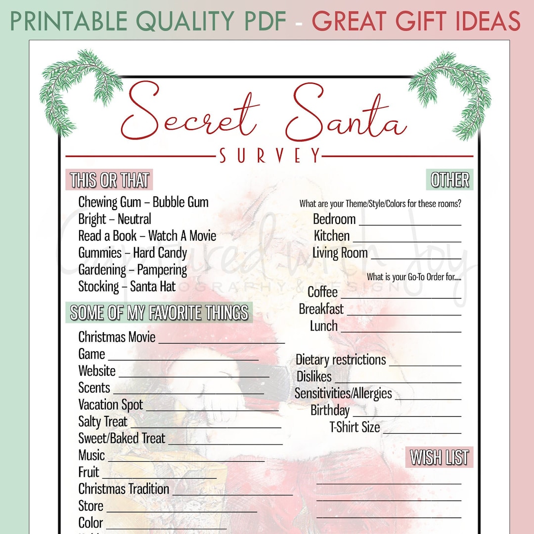 Secret Santa Survey -- FILLABLE Printable PDF (work or Personal) - Etsy