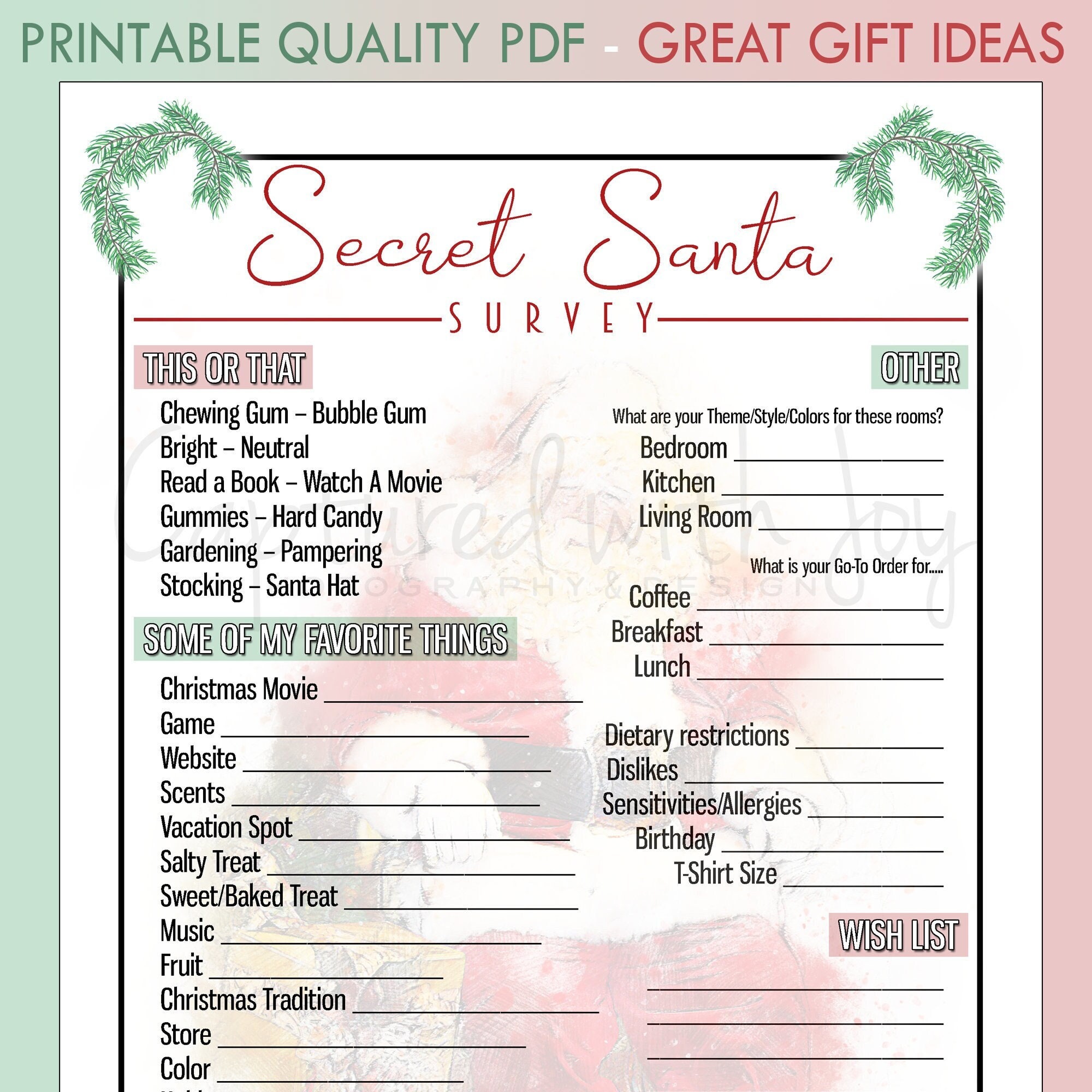 Secret Santa Survey -- FILLABLE Printable PDF (work or Personal) - Etsy