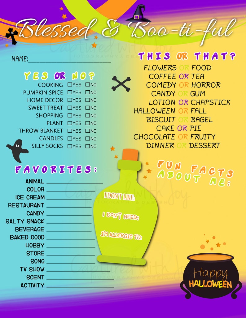 Printable PDF - Blessed & Boo-ti-ful - Questionnaire for Halloween ...