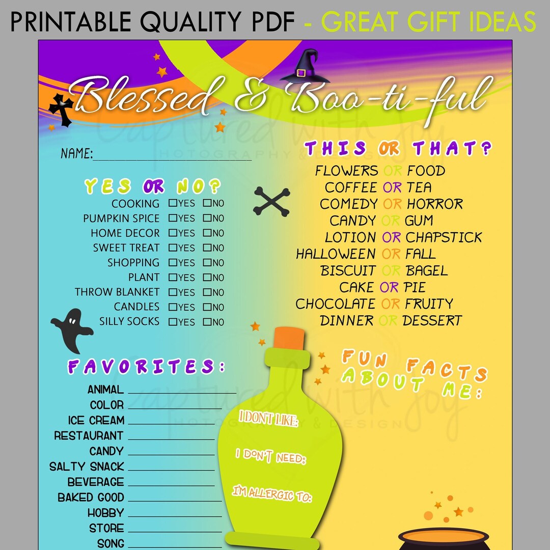 Printable PDF - Blessed & Boo-ti-ful - Questionnaire for Halloween ...