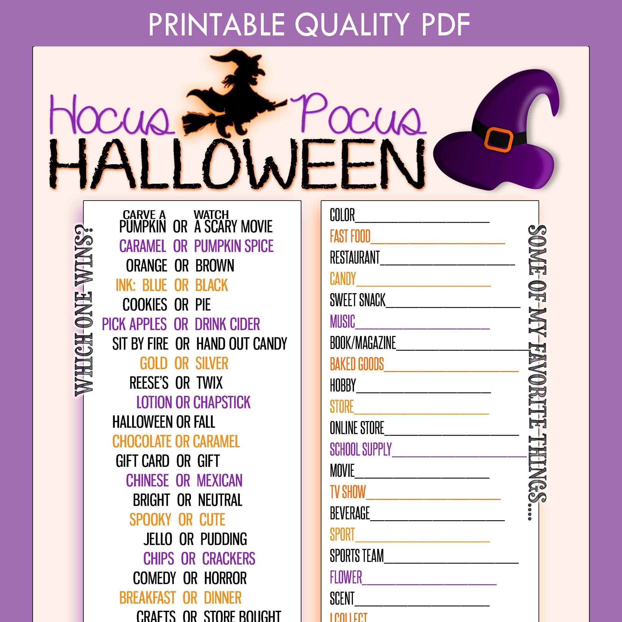 Printable PDF Hocus Pocus HALLOWEEN Halloween Theme Gift Exchange work ...