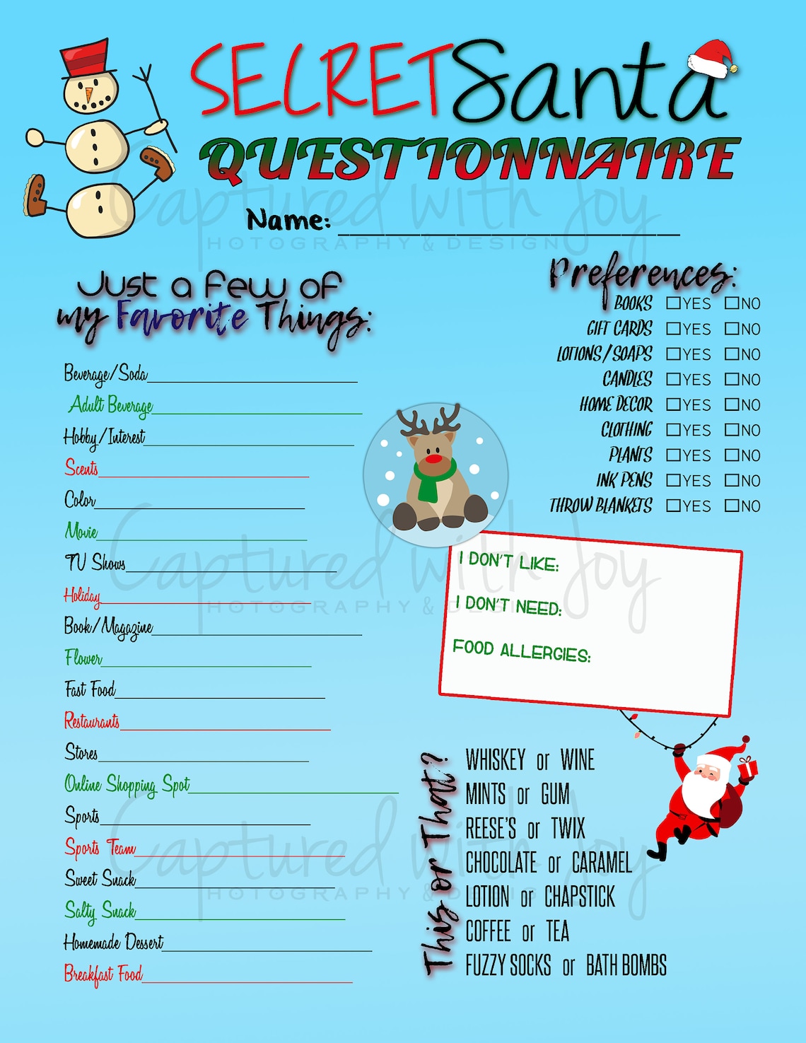 Secret Santa Gift Exchange Questionnaire - PRINTABLE PDF FILE - Etsy