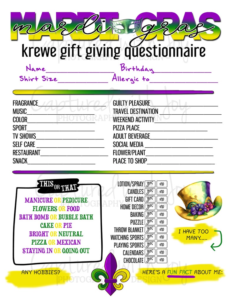 Printable PDF MARDI GRAS Themed Gift Giving Questionnaire - Etsy
