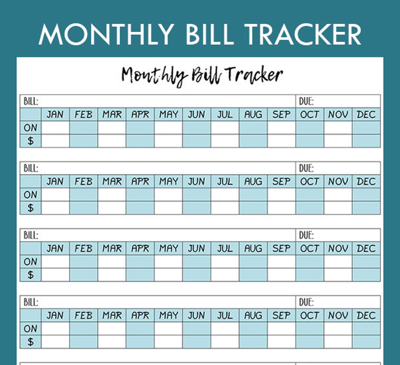 Monthly Bill Tracker (fill-in) - Printable - INSTANT PDF DOWNLOAD ...