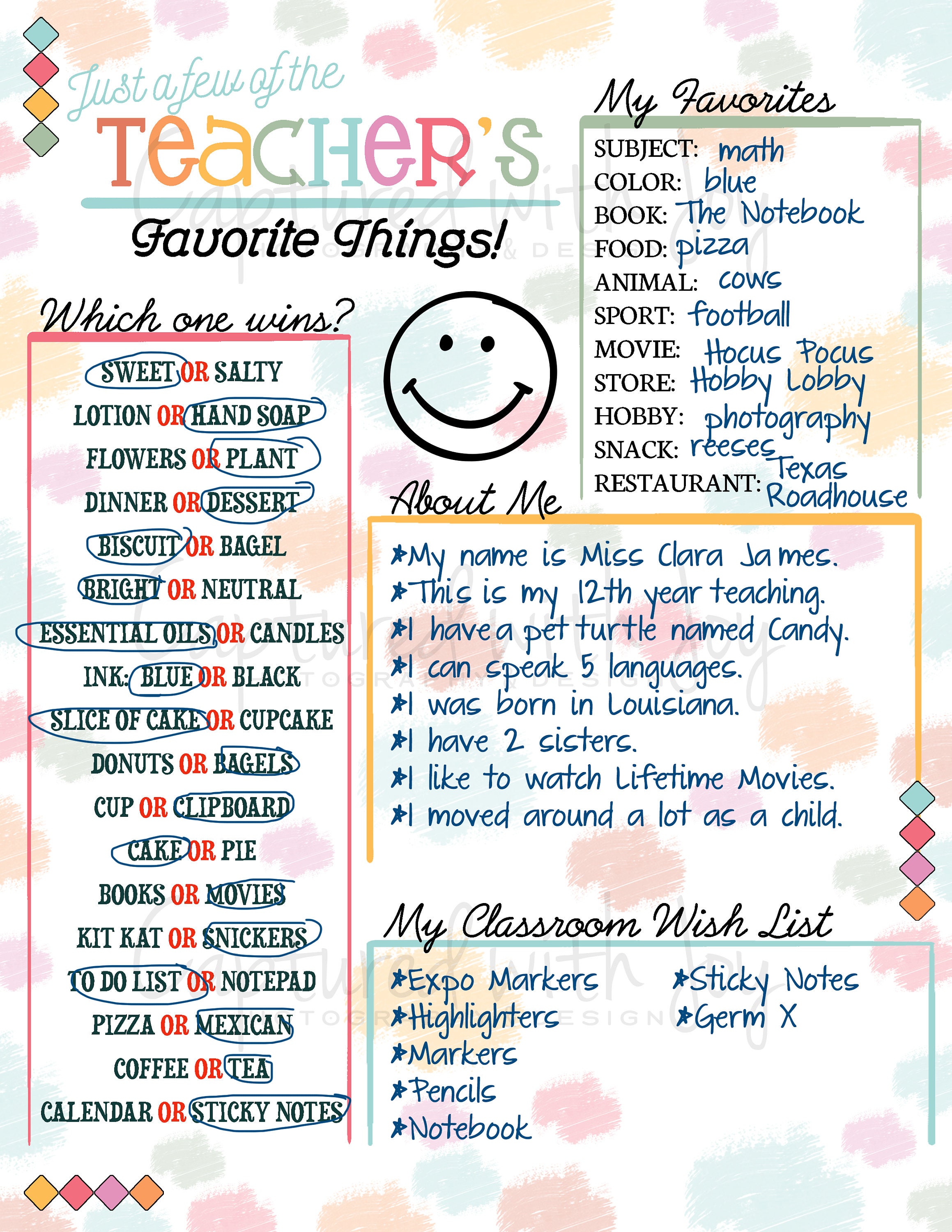 Teacher's Favorite Things - INSTANT DOWNLOAD - Printable PDF - Etsy