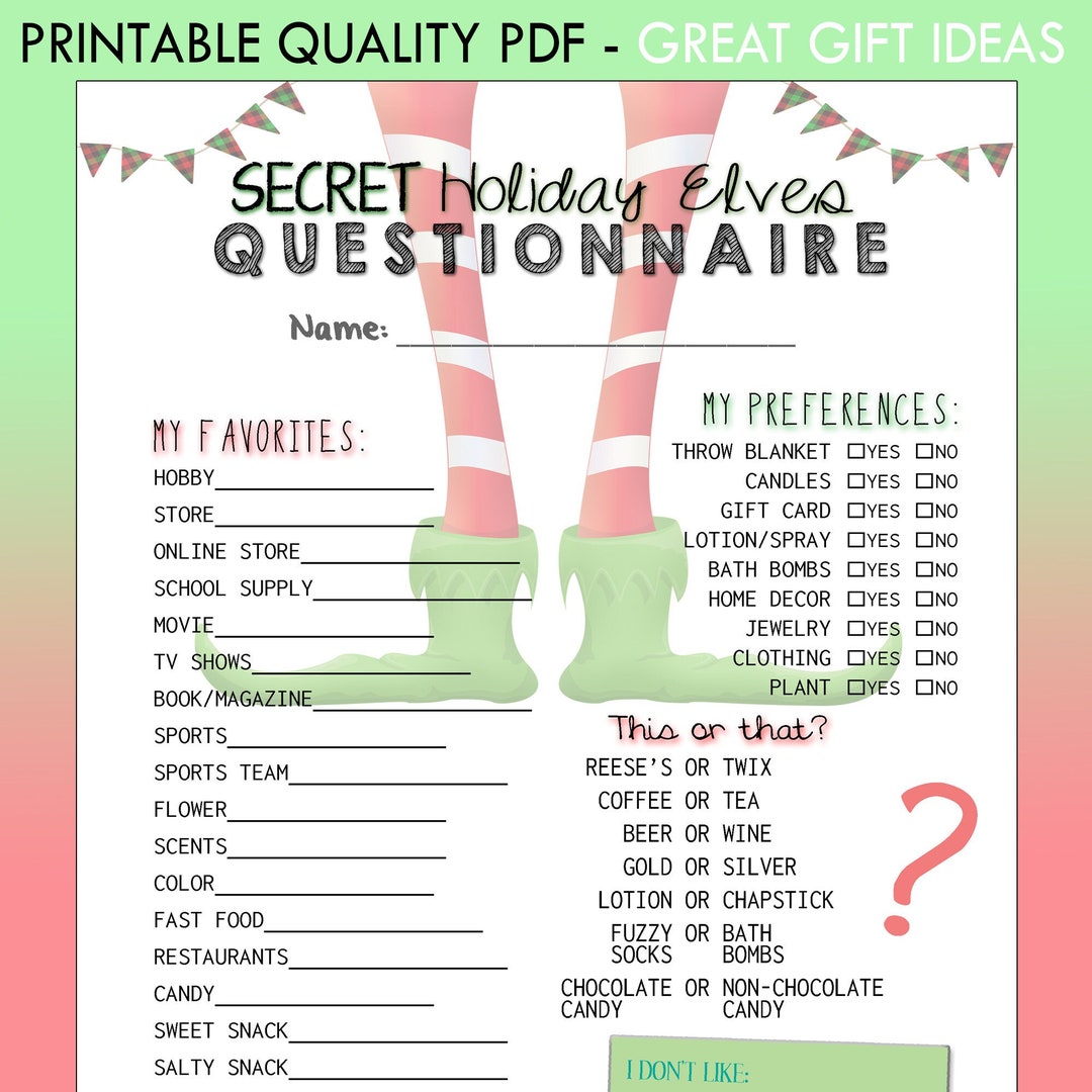 FILLABLE Printable PDF Secret Holiday Elves Gift Exchange Questionnaire ...