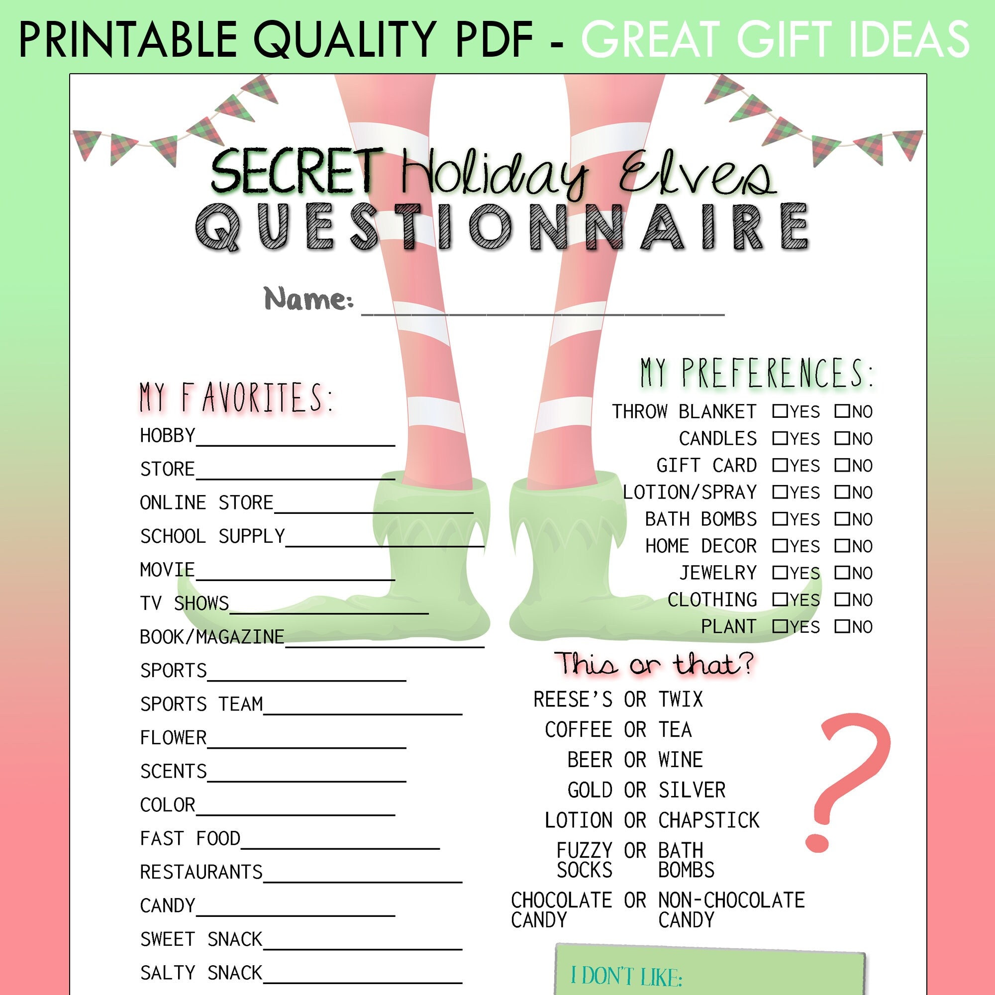 FILLABLE Printable PDF Secret Holiday Elves Gift Exchange Questionnaire ...