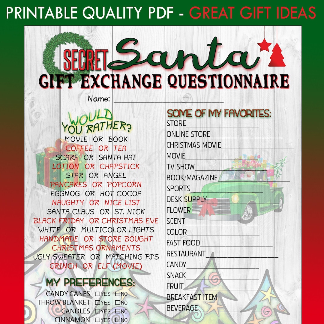 FILLABLE Printable PDF Secret Santa Gift Exchange Questionnaire (work ...
