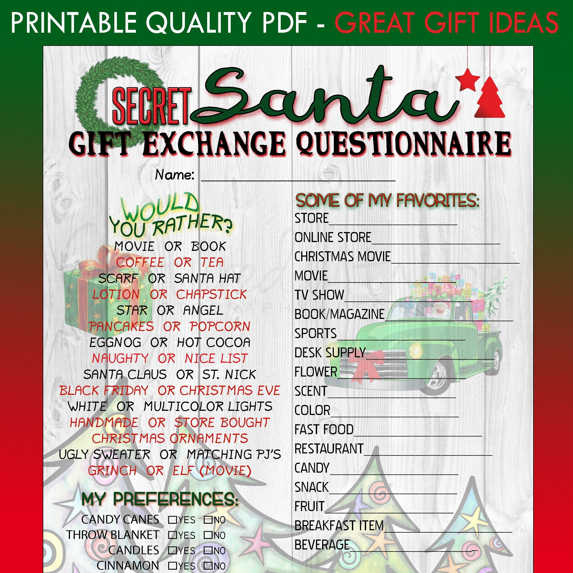 FILLABLE Printable PDF Secret Santa Gift Exchange Questionnaire (work ...