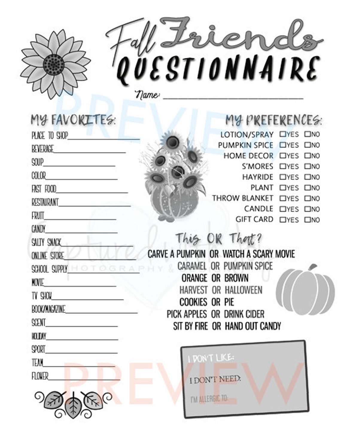 Printable PDF - Fall Friends Questionnaire for Fall Theme Gift Exchange ...