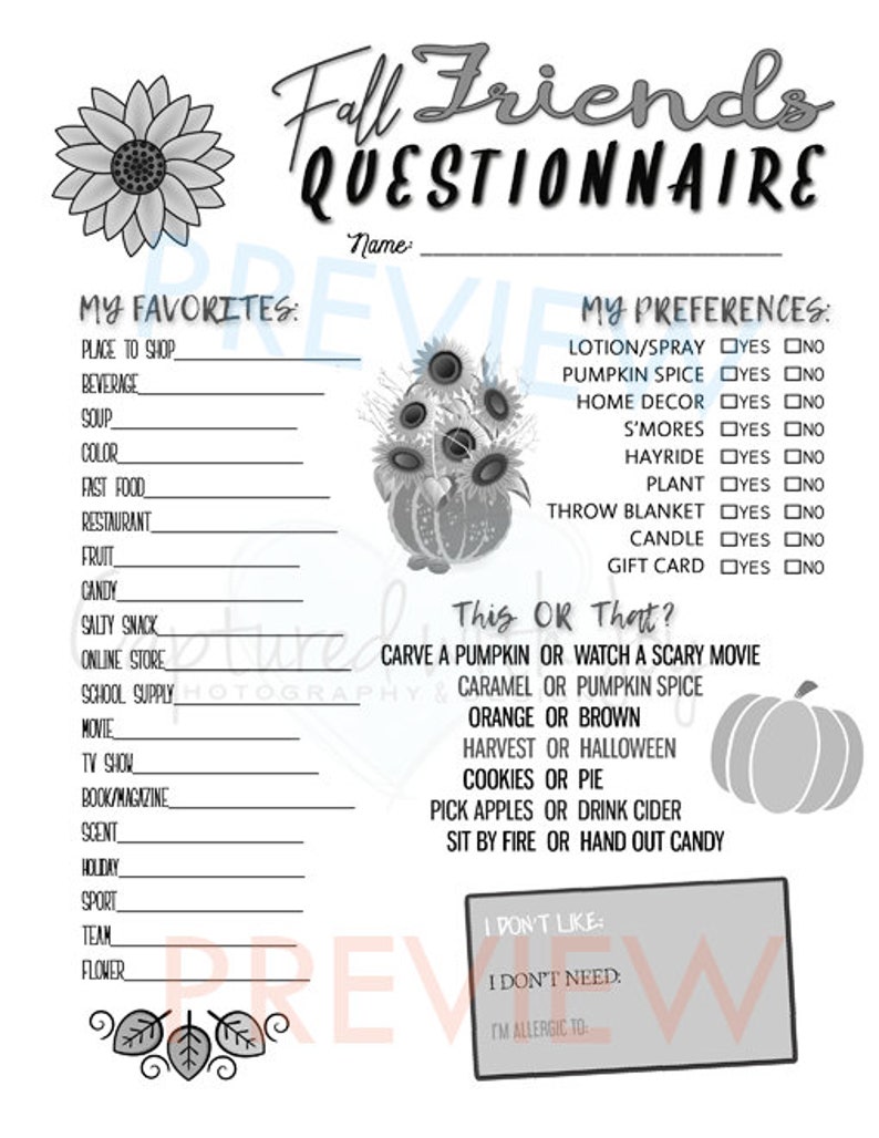 Printable PDF - Fall Friends Questionnaire for Fall Theme Gift Exchange ...