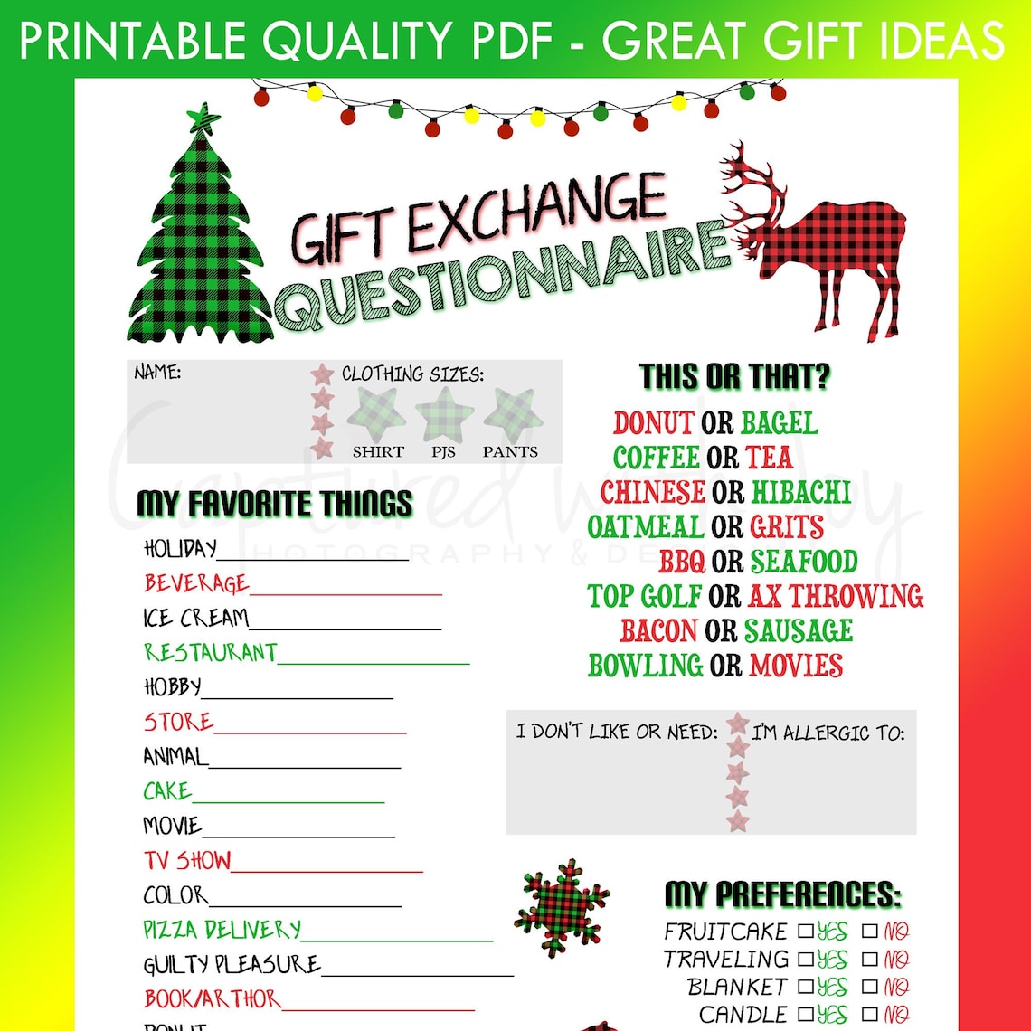 Fillable Printable PDF Gift Exchange Questionnaire - PLAID DESIGN (work ...
