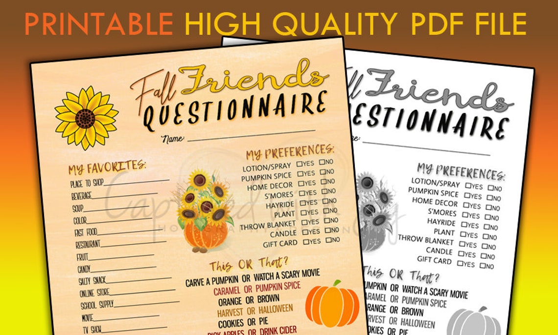 Printable PDF Fall Friends Questionnaire for Fall Theme Gift - Etsy