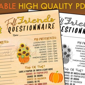 Printable PDF Fall Friends Questionnaire for Fall Theme Gift - Etsy