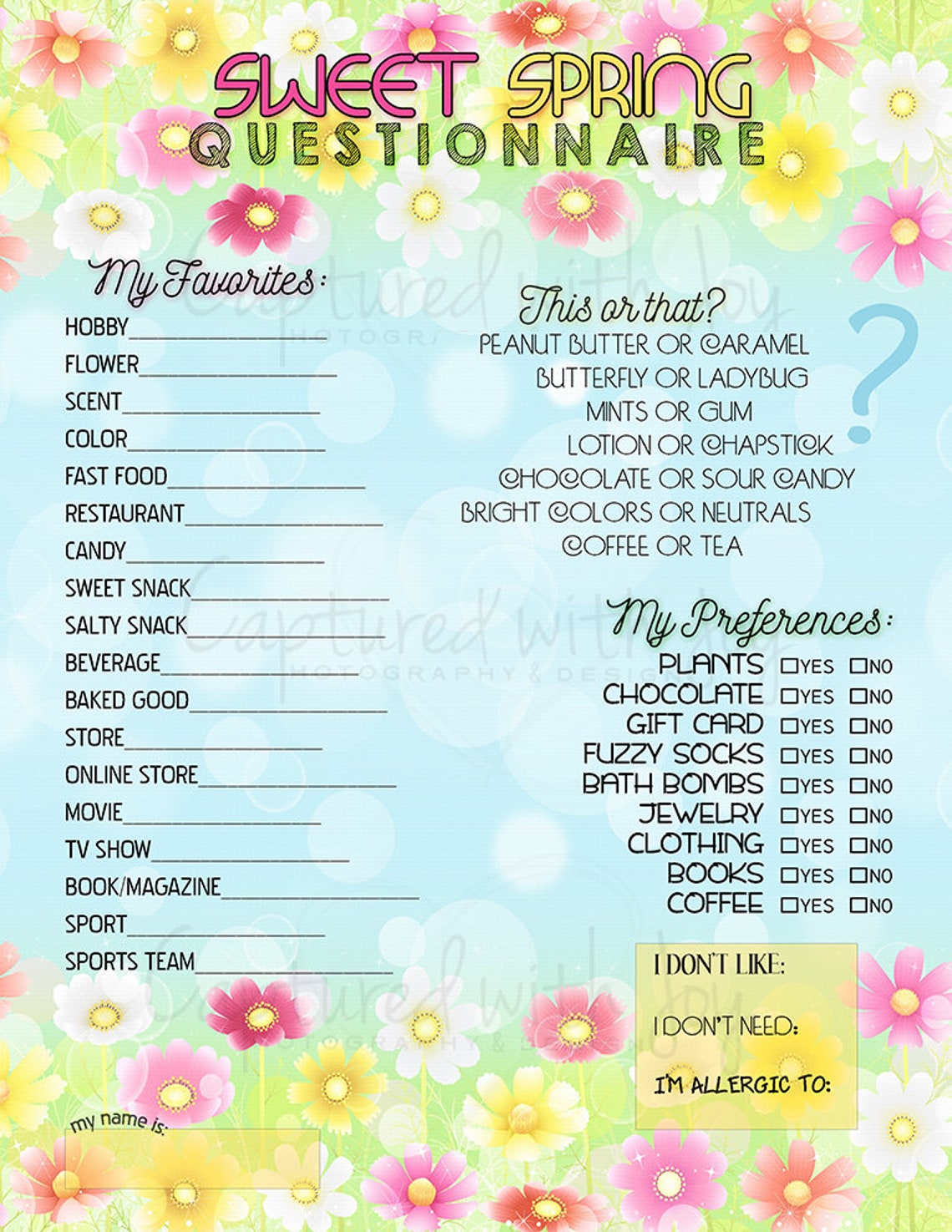 PRINTABLE PDF - Sweet Spring Questionnaire (gift Exchange, Gift Ideas ...