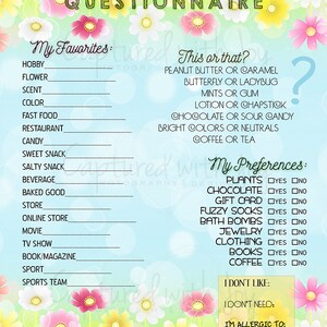 PRINTABLE PDF - Sweet Spring Questionnaire (gift Exchange, Gift Ideas ...