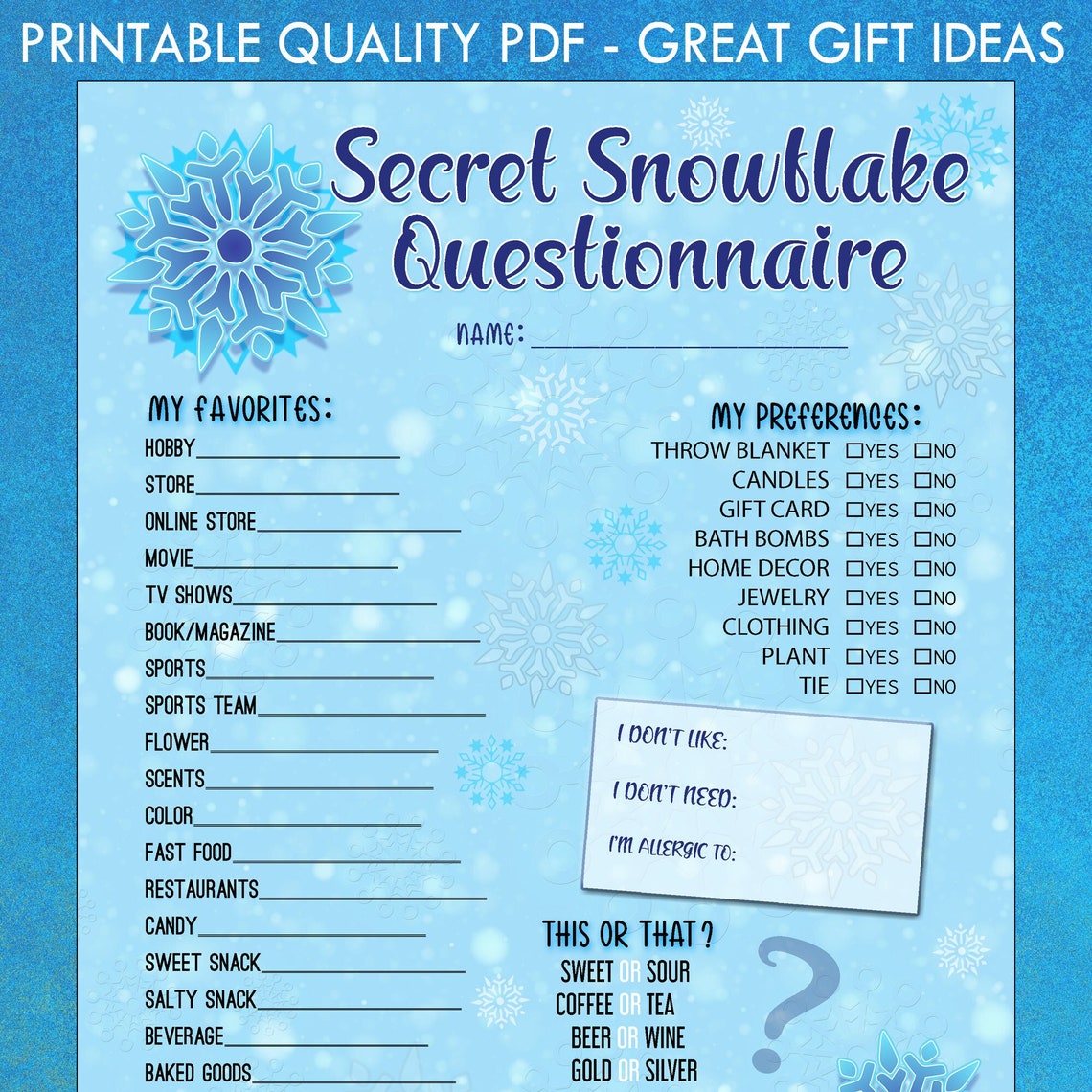 FILLABLE Printable PDF Gift Exchange Questionnaire - Secret Snowflake ...