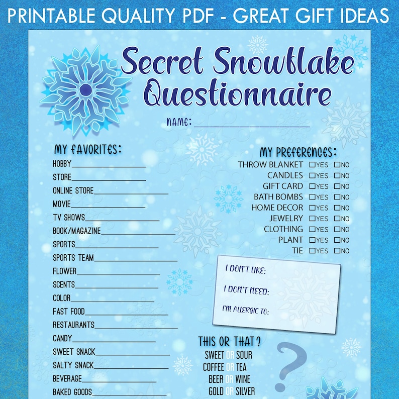 FILLABLE Printable PDF Gift Exchange Questionnaire - Secret Snowflake ...