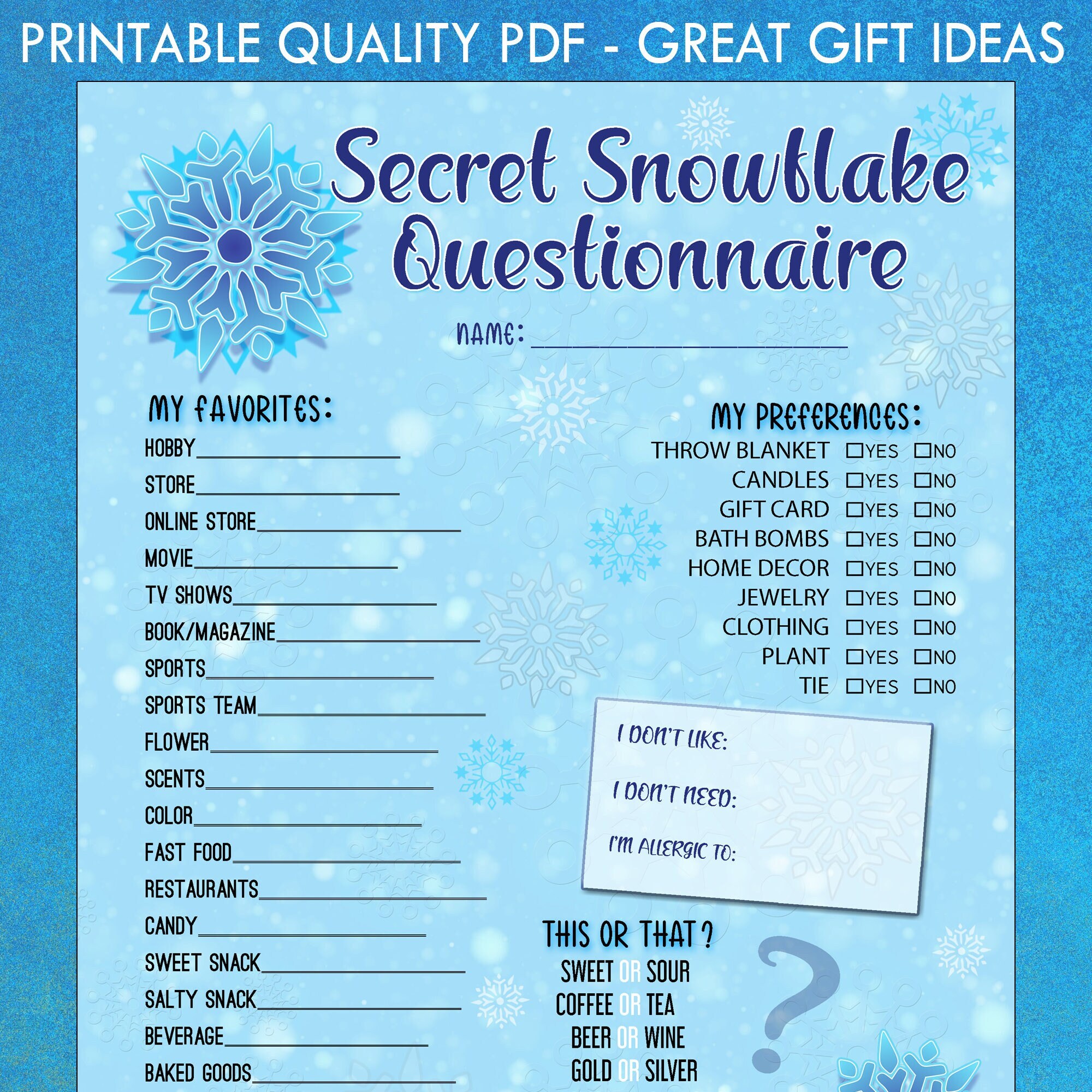 FILLABLE Printable PDF Gift Exchange Questionnaire - Secret Snowflake ...