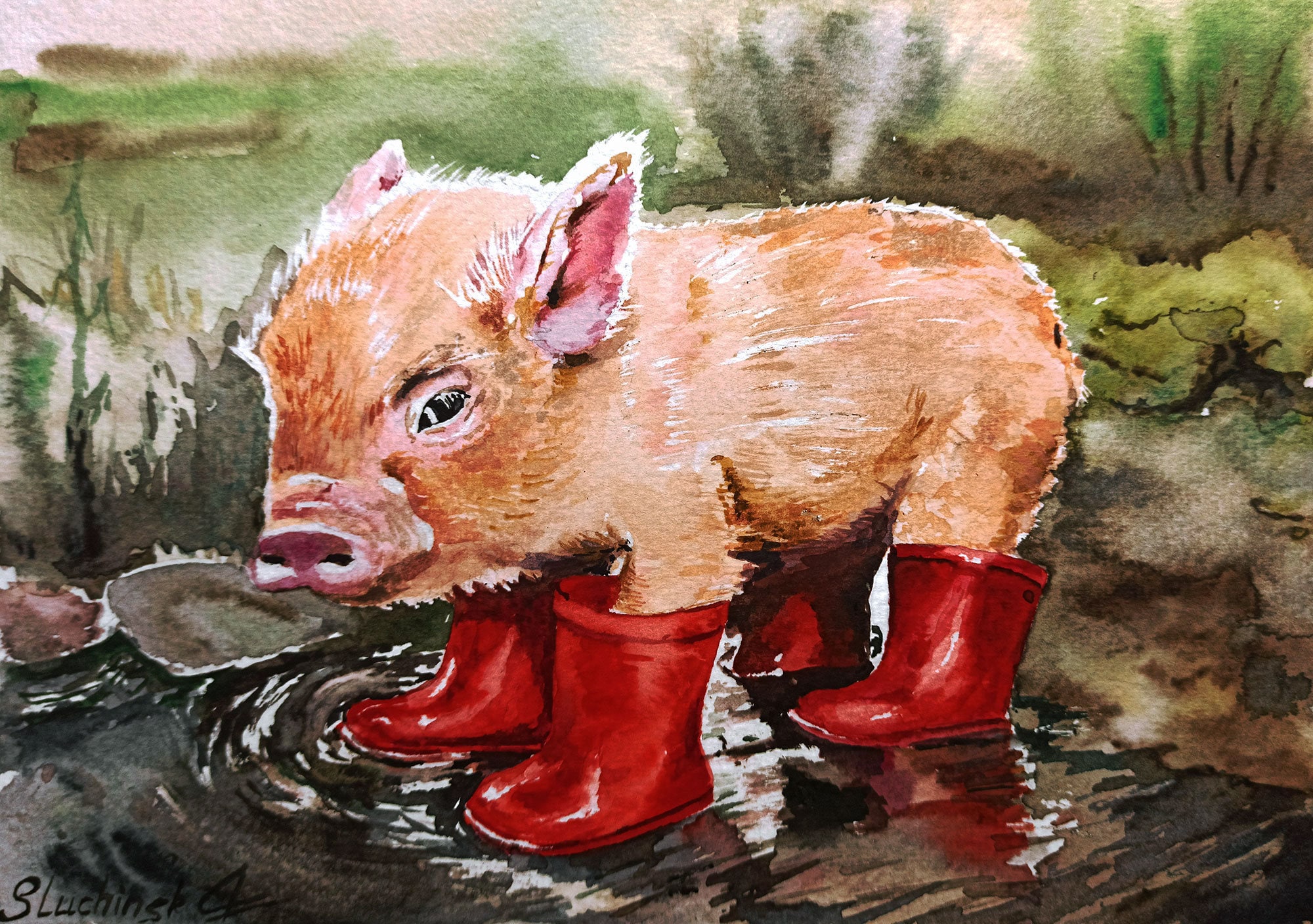 Pig Painting Watercolor Original Art Cute Artwork Autumn Wall Art by ...
