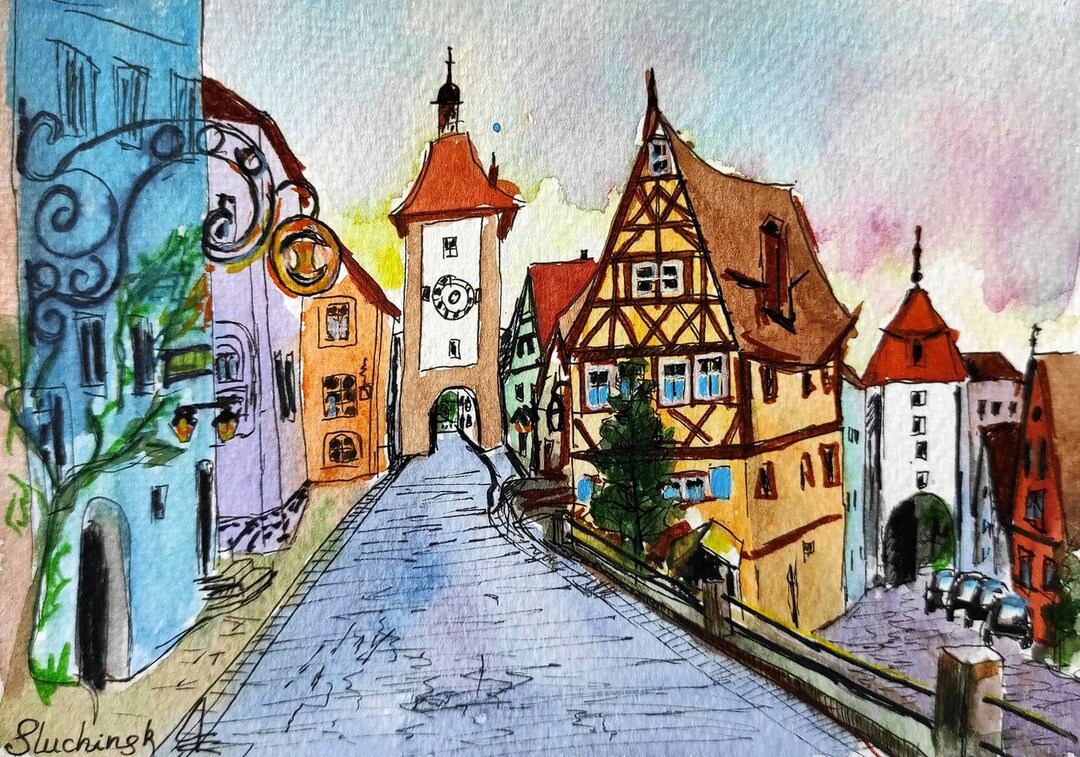 Street Painting Watercolor Original Art German Wall Art Arch Painting ...