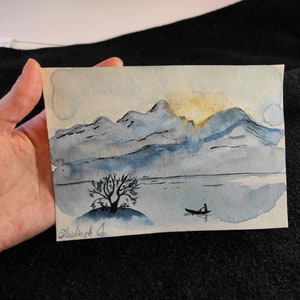 Lake Painting Japan Watercolor Original Art Boat Artwork Sunrise ...