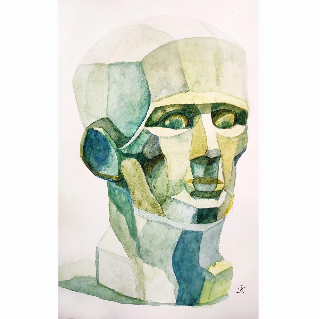 Head Painting Watercolor Original Art Skull Artwork Abstract Geometric ...