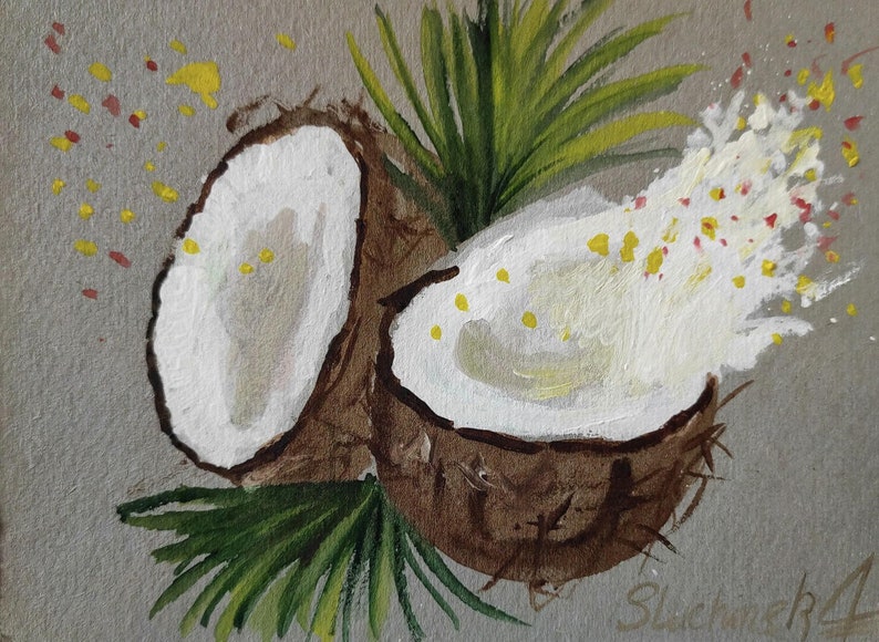 Coconut Painting Spill Watercolor Original Art Spray Painting Cafe ...