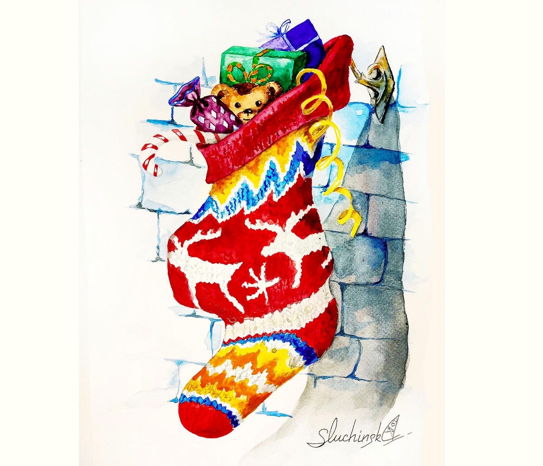 Sock Painting Gift Watercolor Original Art Holiday Artwork Christmas ...
