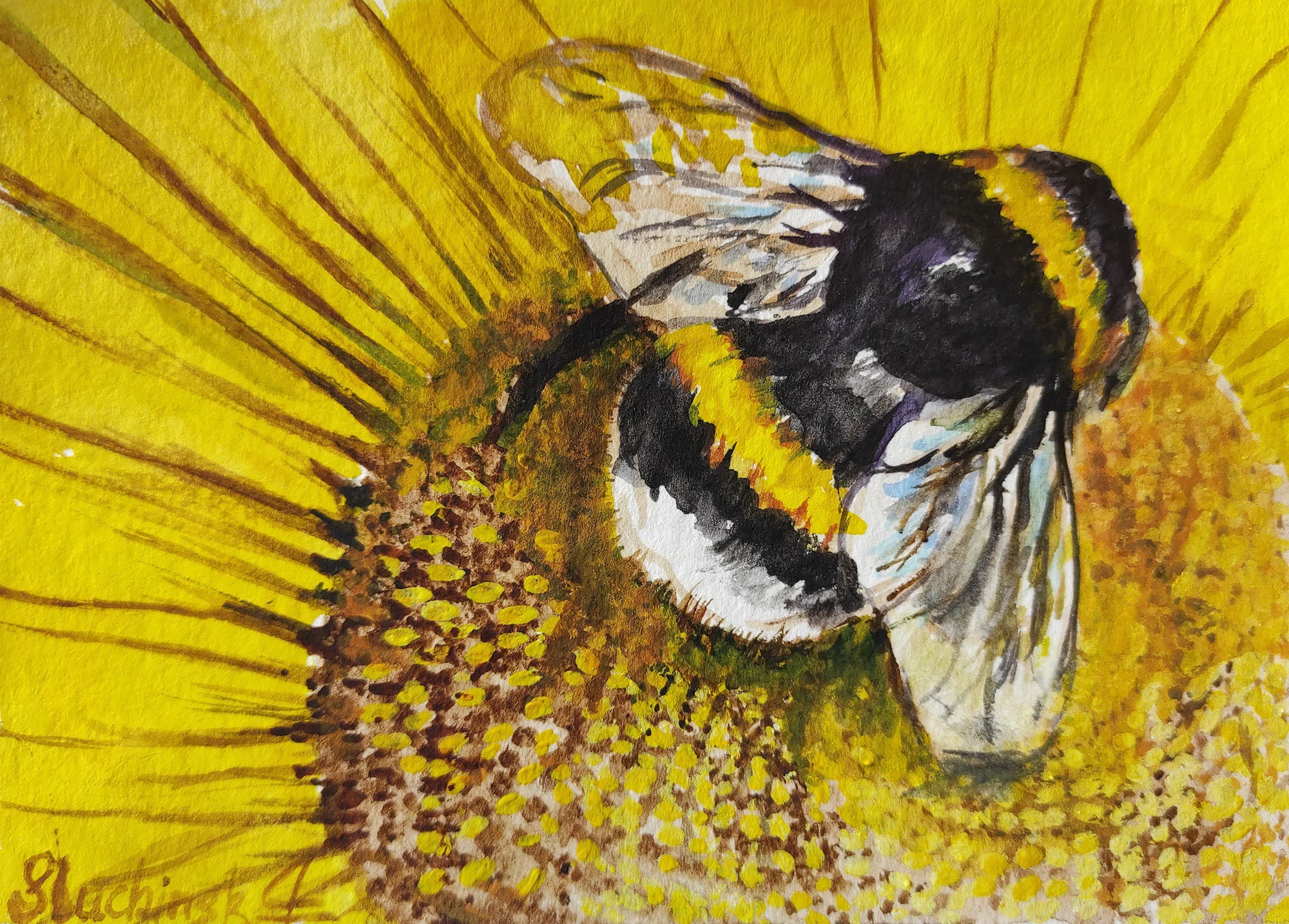 Bumble Bee Wall Art Watercolor Original Art Sunflower Painting Insect ...