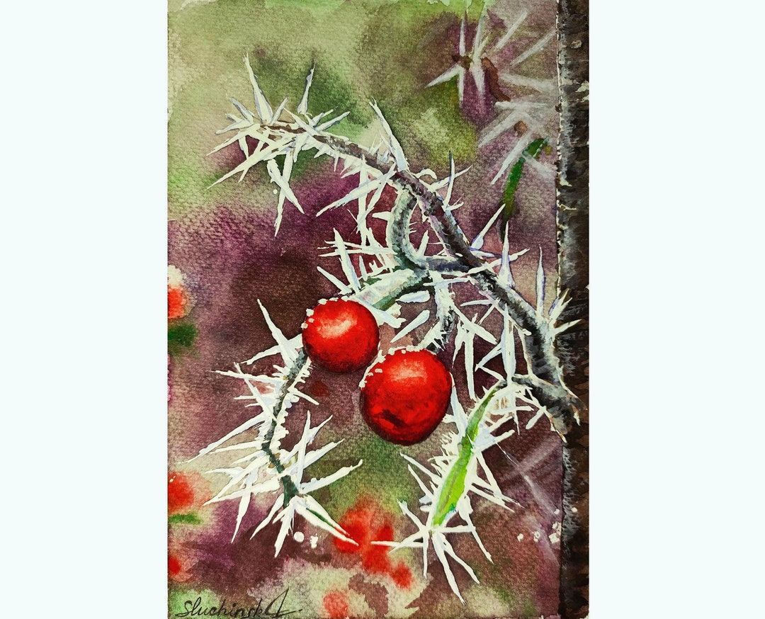 Rowan Painting Ice Watercolor Original Art Winter Artwork Botanical ...