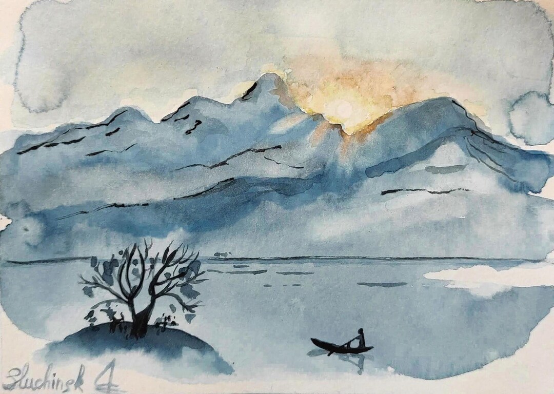 Lake Painting Japan Watercolor Original Art Boat Artwork Sunrise ...