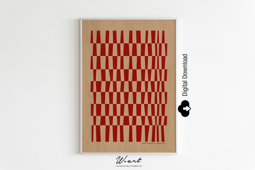 Modern Geometric Art - Red and Beige Abstract Print, Mid-century Decor ...