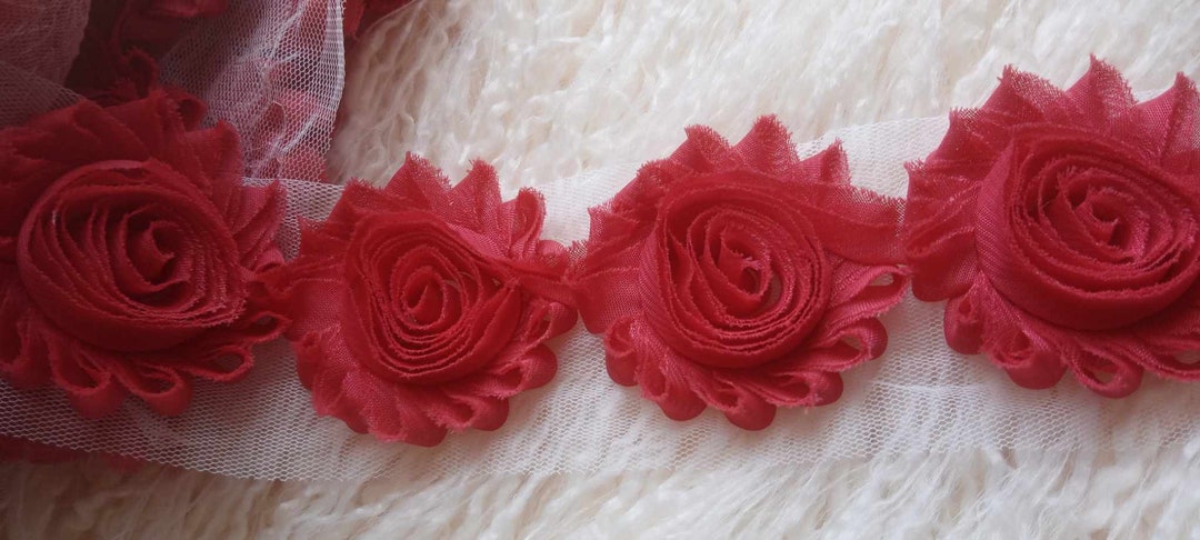Scarlet Shabby Chiffon Rose Trim, Floral Embellishment - Etsy