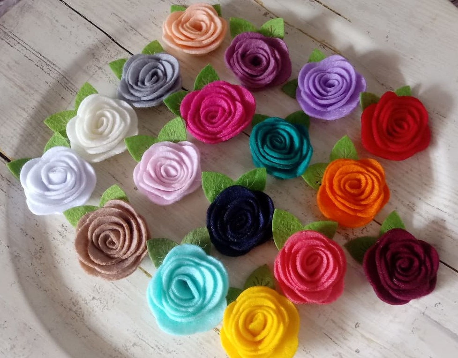 2 Felt Rosette With Leaf Pick Your Colors Felt Rose - Etsy