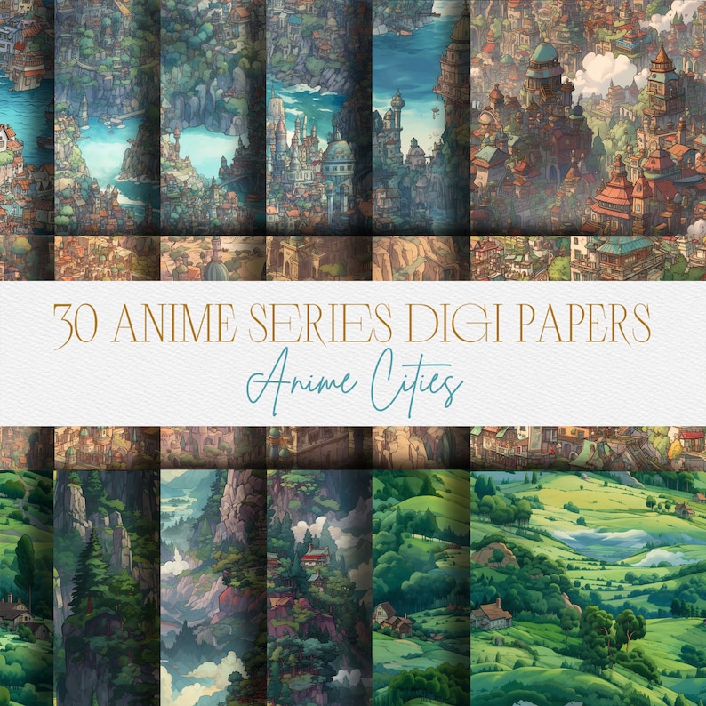 30 Digi Papers Variations Seamless // Anime Cities Series // Ghibli ...