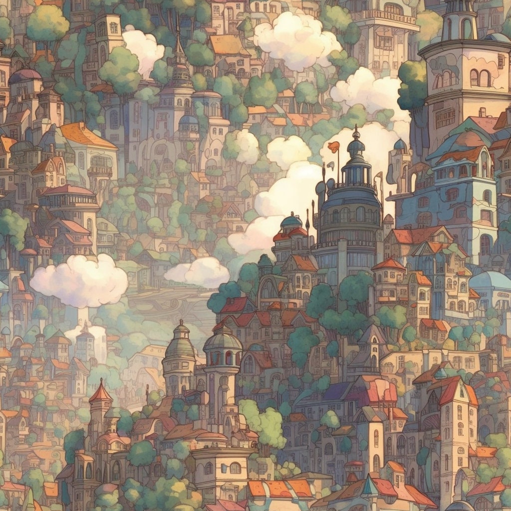 30 Digi Papers Variations Seamless // Anime Cities Series // Ghibli ...