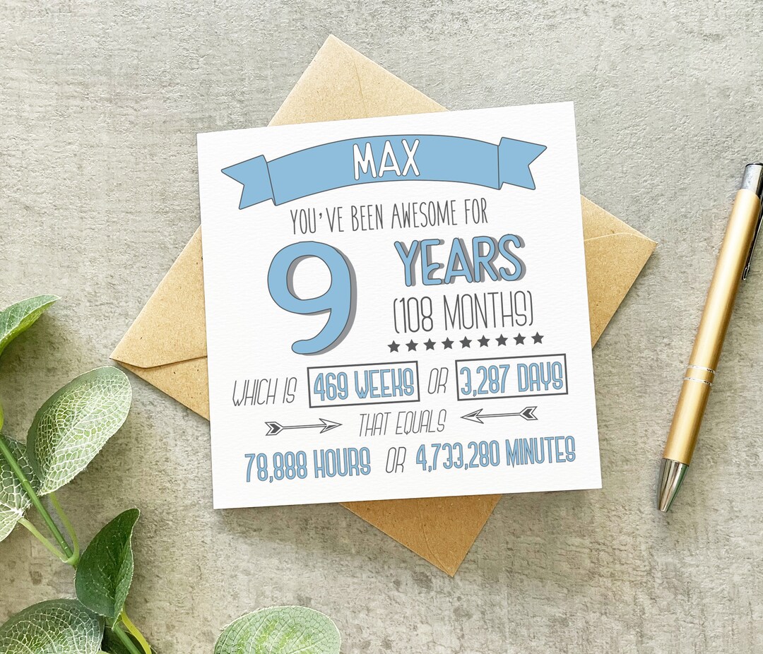 9 Years Birthday Card, 9th Birthday Card, Personalised Birthday Card ...